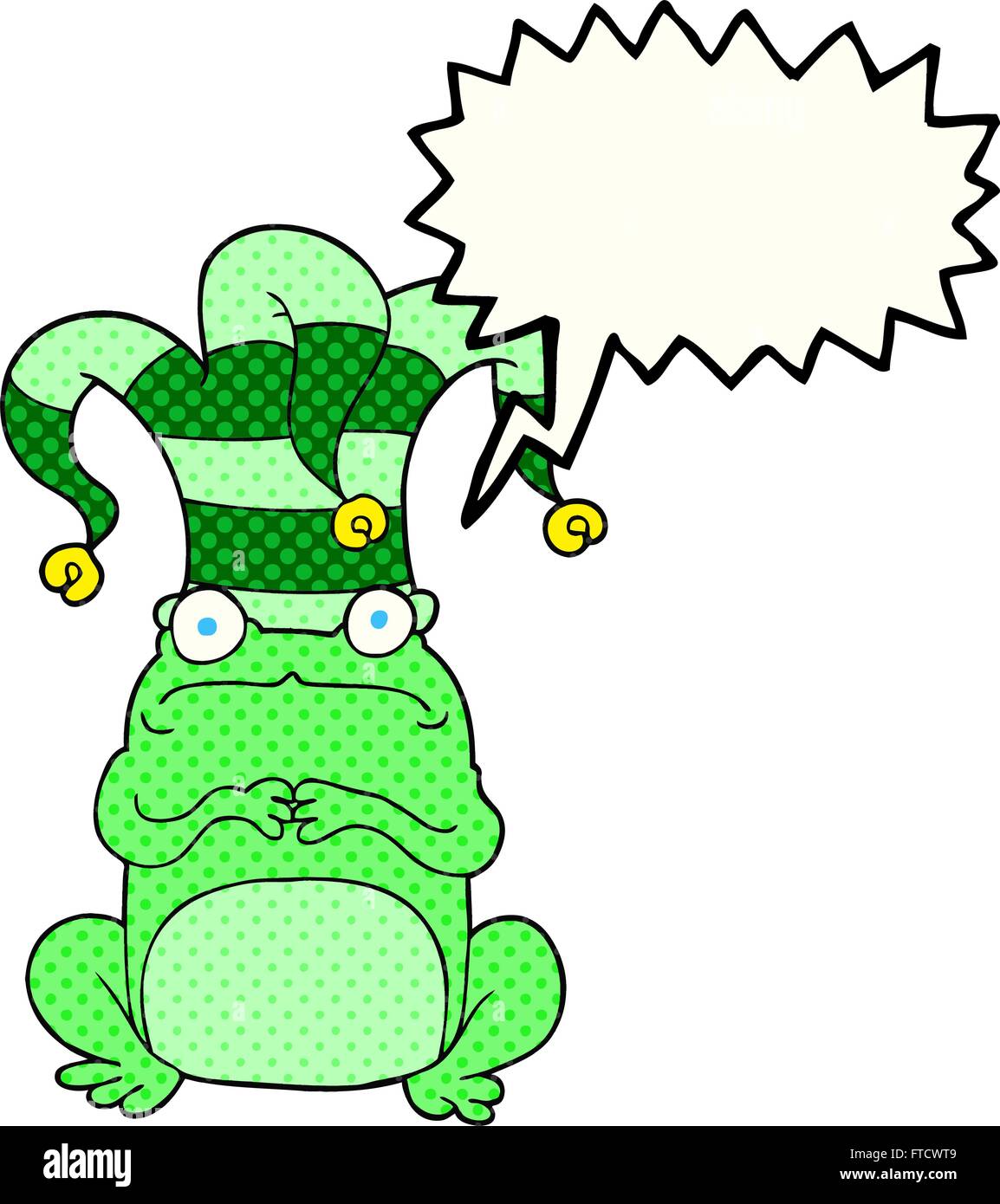 freehand drawn comic book speech bubble cartoon frog wearing jester hat ...