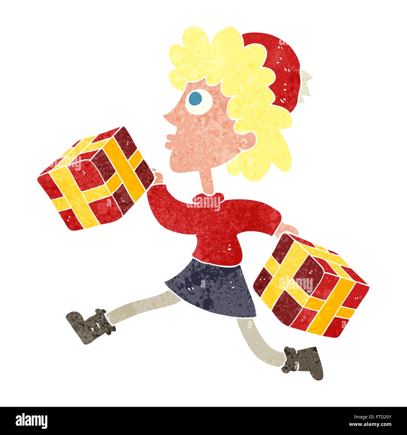 freehand retro cartoon running woman with presents Stock Vector Image ...