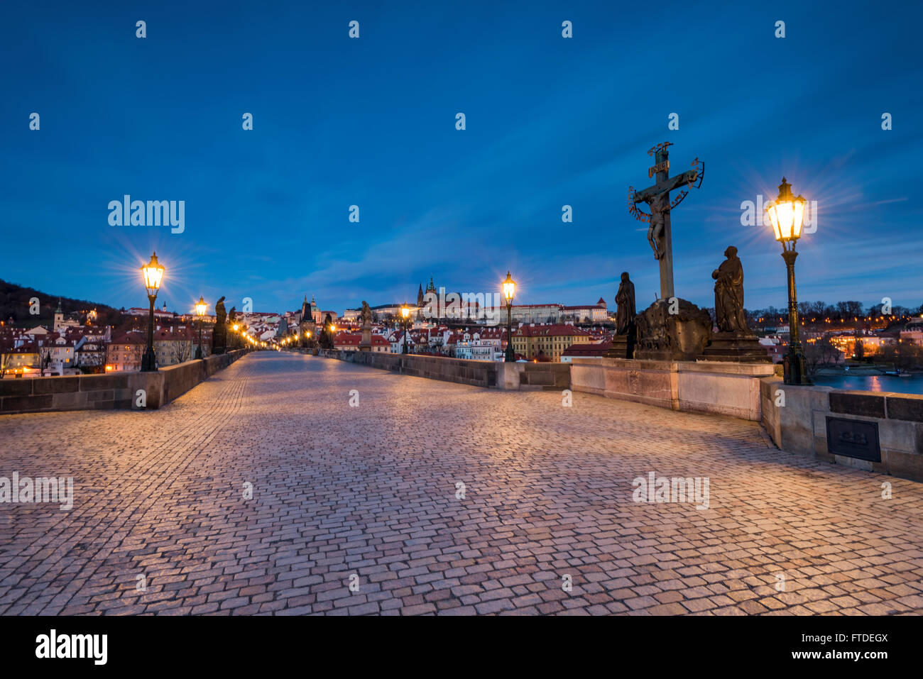 Prague Charles bridge with the statues and castle view Stock Photo - Alamy