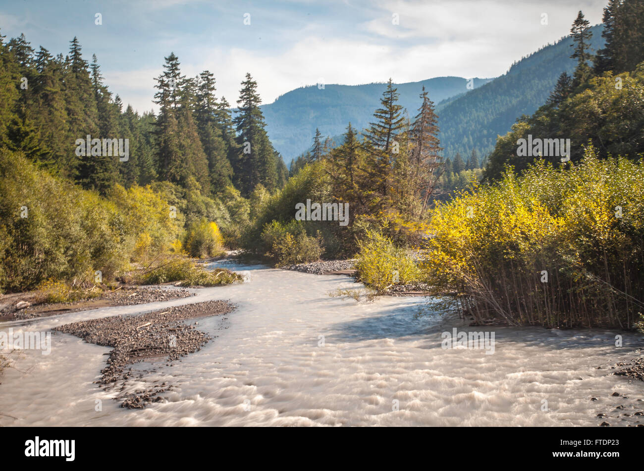 River winding through a valley in Washington State USA with mountains ...