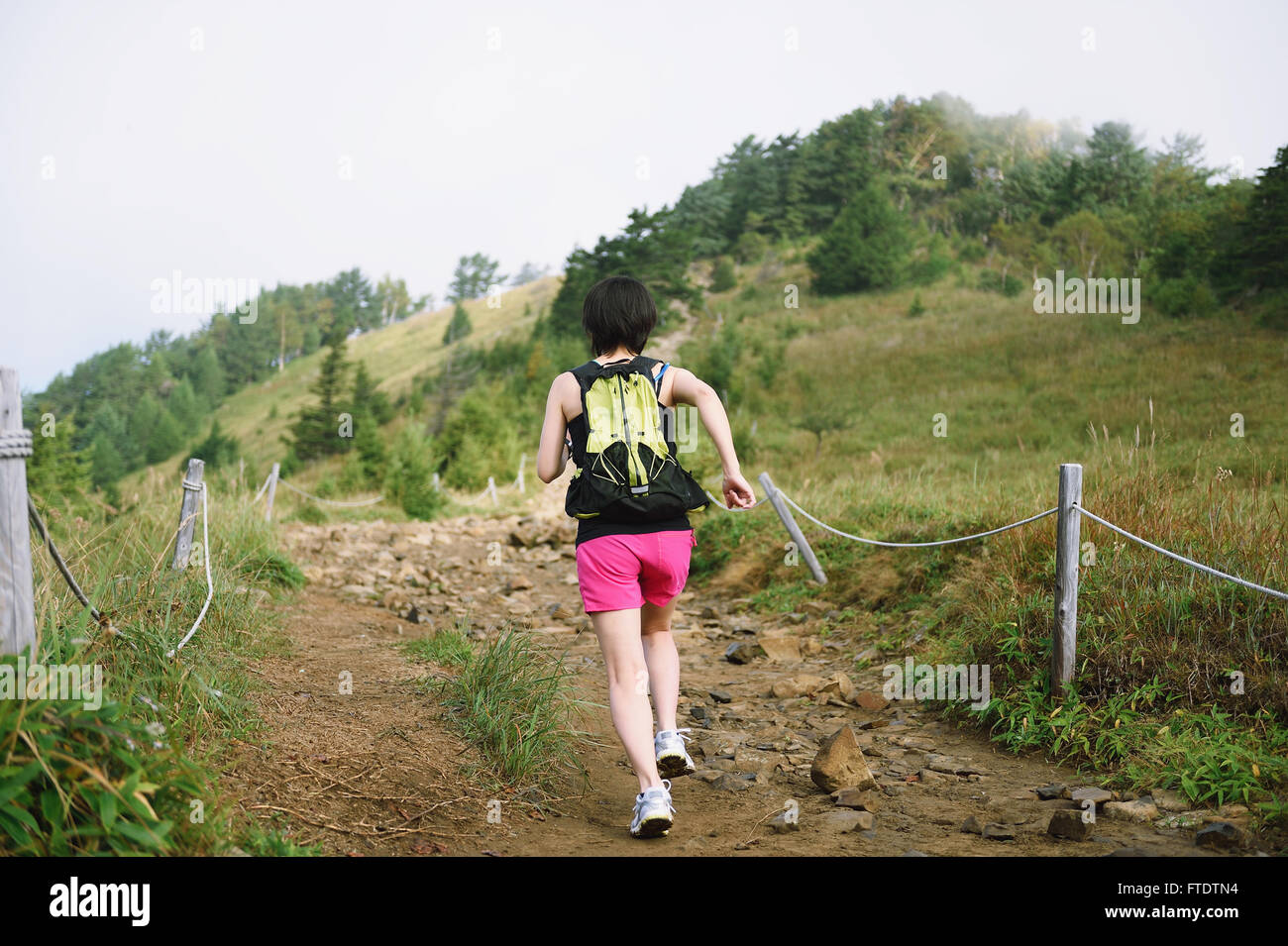 Young Japanese woman trail running at Mount Daibosatsu, Yamanashi ...