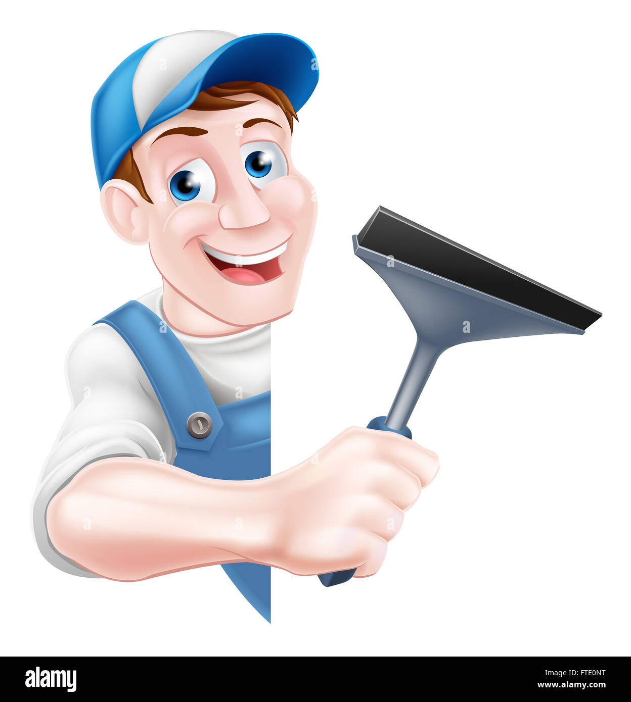 A cartoon window cleaner man in a cap hat and blue overalls holding a ...