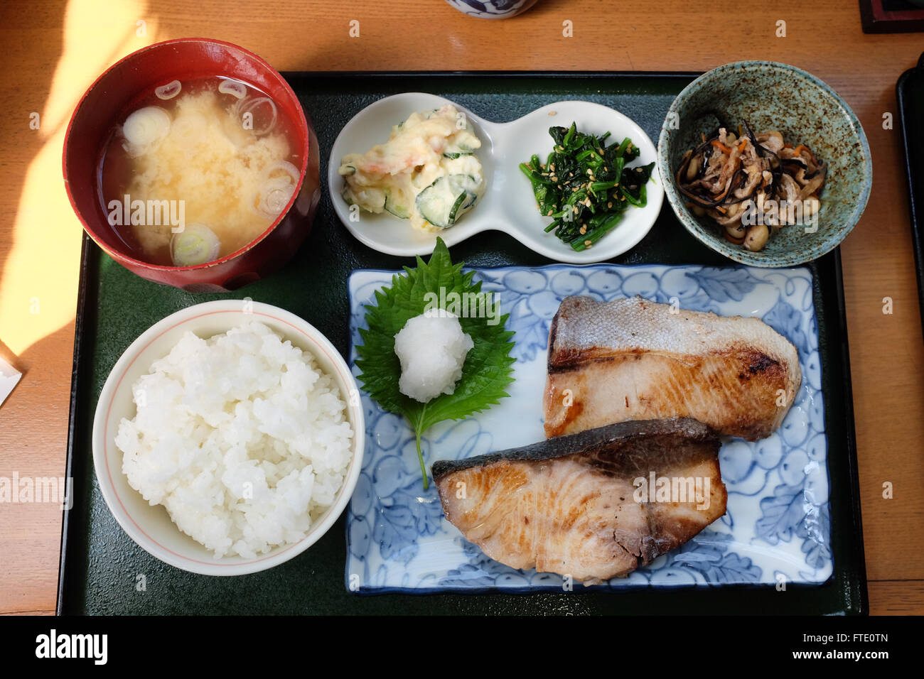 Japanese lunch set, including yellowtail amberjack ("buri") fish, rice ...
