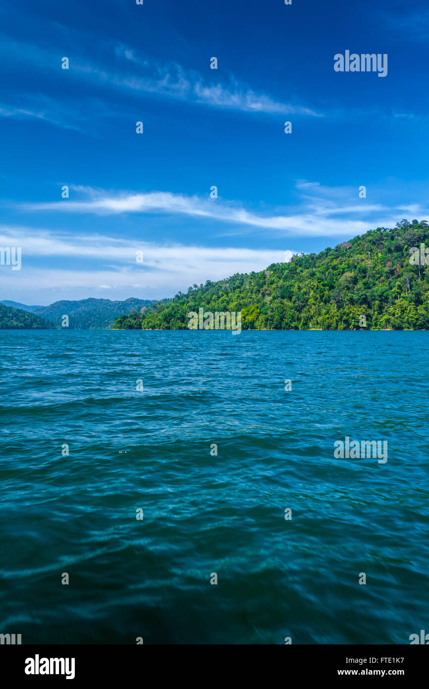Tropical lake and islands in clear blue sky. Belum resort, Banding ...