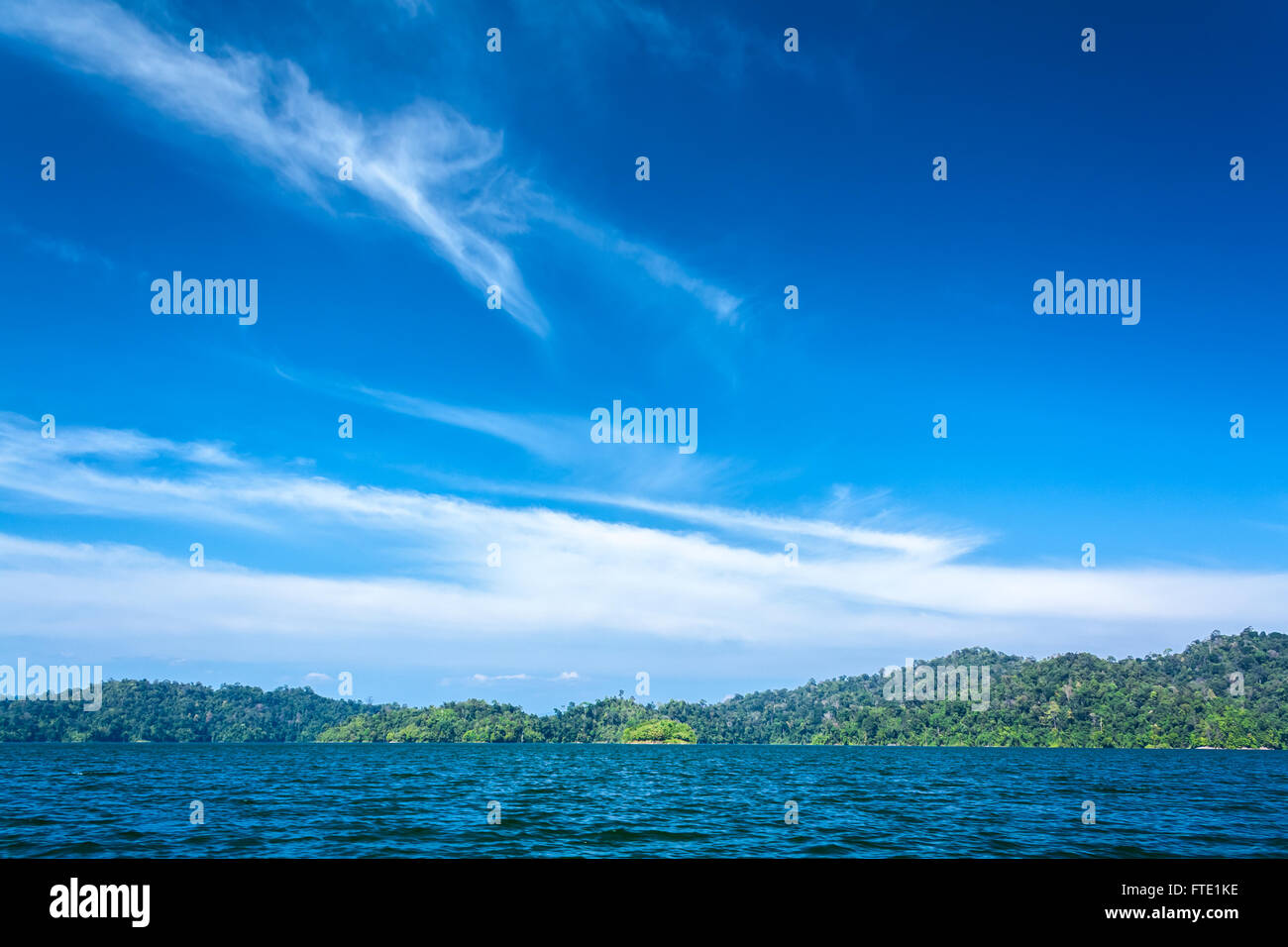 Tropical lake and islands in clear blue sky. Belum resort, Banding ...