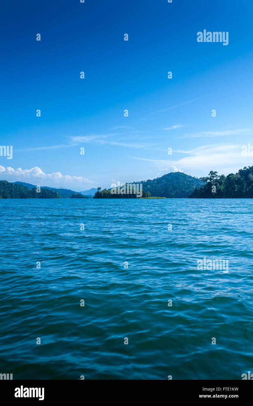 Tropical lake and islands in clear blue sky. Belum resort, Banding ...