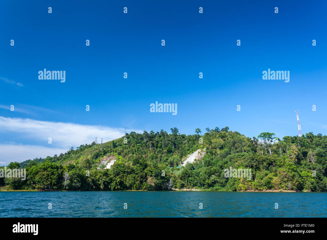 Tropical lake and islands in clear blue sky. Belum resort, Banding ...