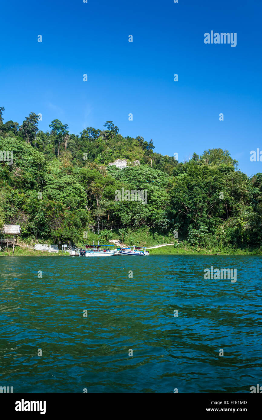 Tropical jungle tree line island in clear blue sky. Banding, Temenggor ...