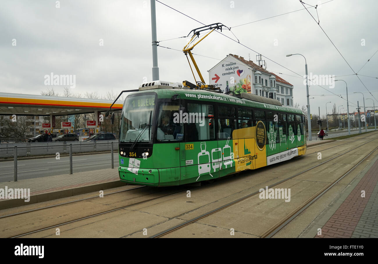 Plzen Vario LF Tram at Pod Zahorskem -1 Stock Photo - Alamy