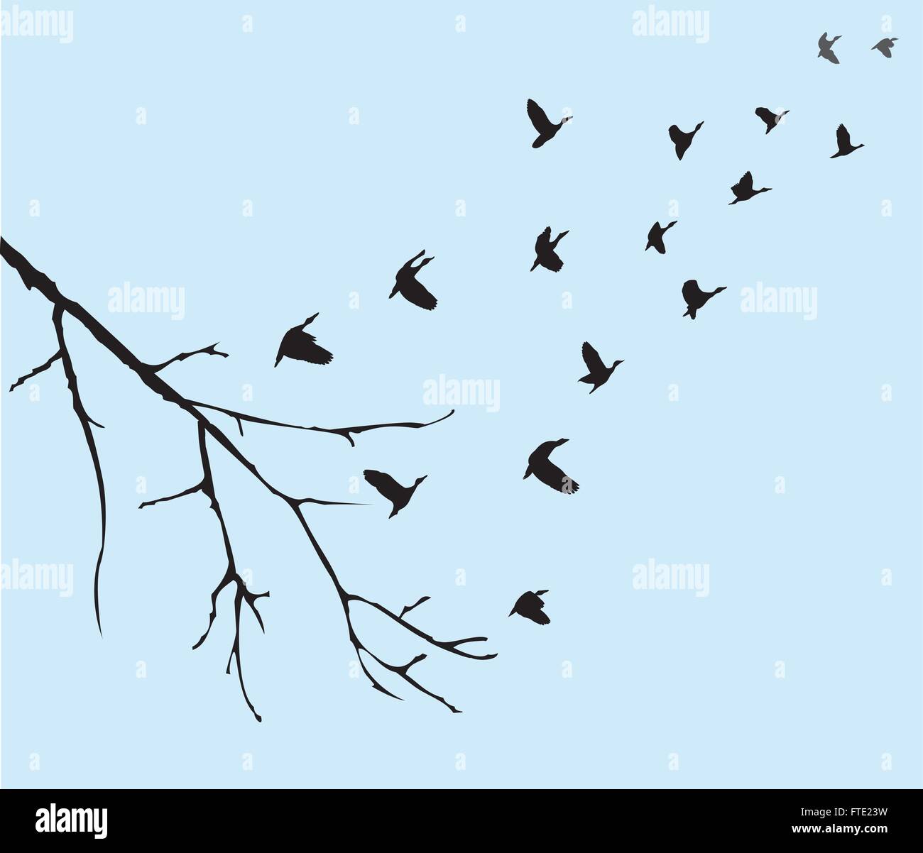 vector illustration of flying birds silhouettes with tree branch Stock ...