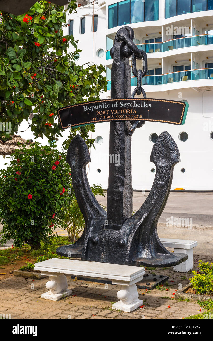 Black anchor memorial sign "Republic of Saychelles Port Victoria" in ...