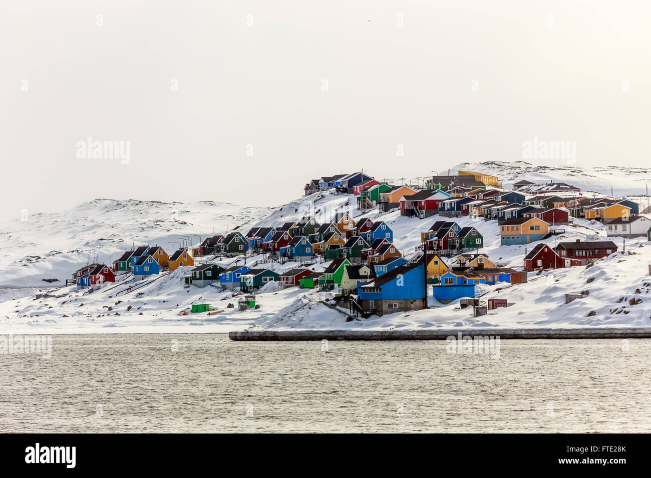 Colorful Arctic Aasiaat city above the Polar circle in the middle of ...
