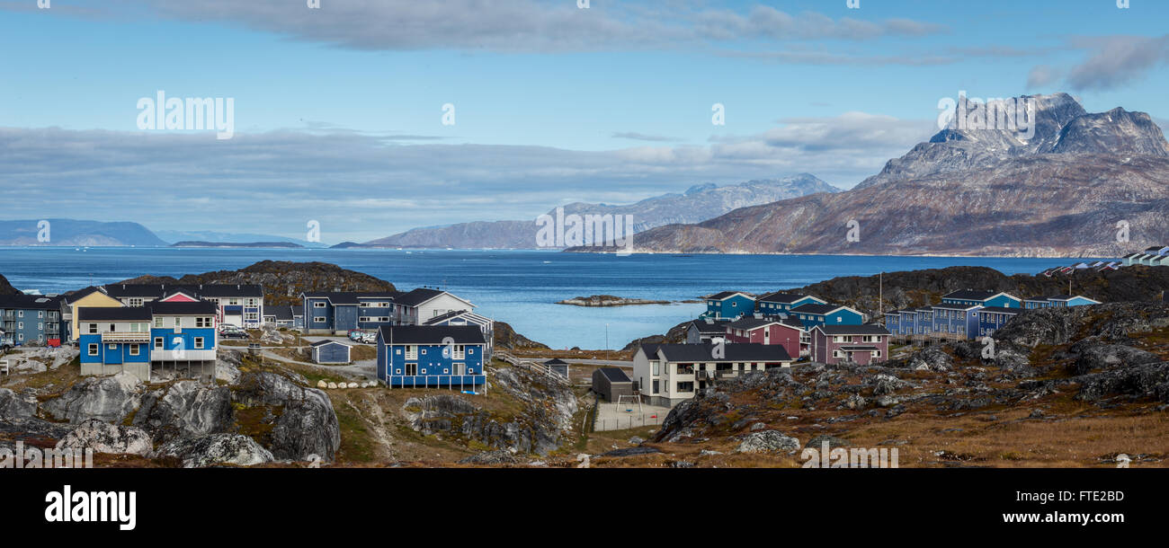 suburb of Nuuk, fjord view and Sermitsiaq mountain in the background ...