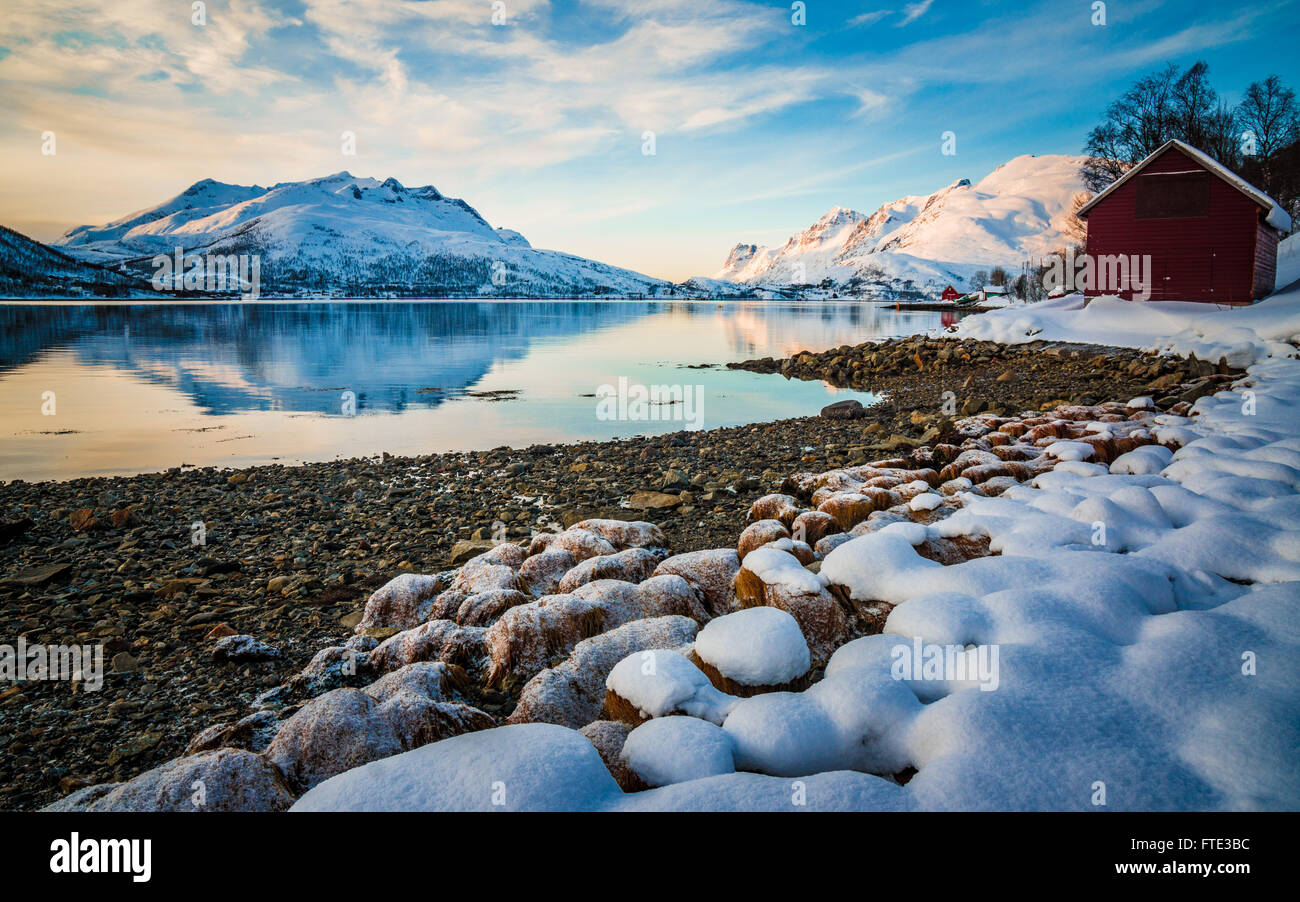 Snowy winter landscape in Kaldfjord, Kvaløya, Norway Stock Photo - Alamy