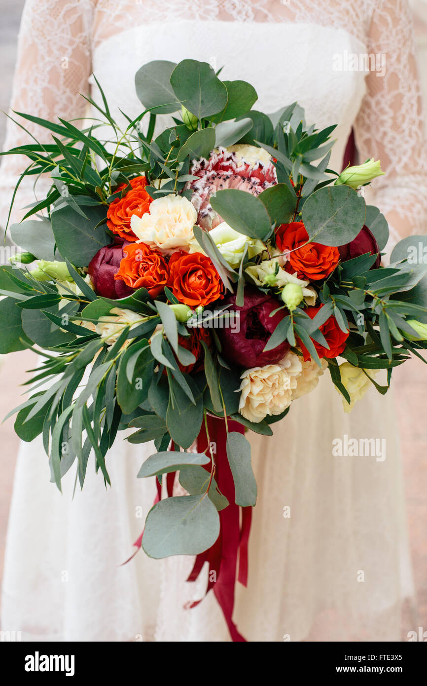 Wedding bouquet of eustoma , freesia, peony and willow branches Stock ...