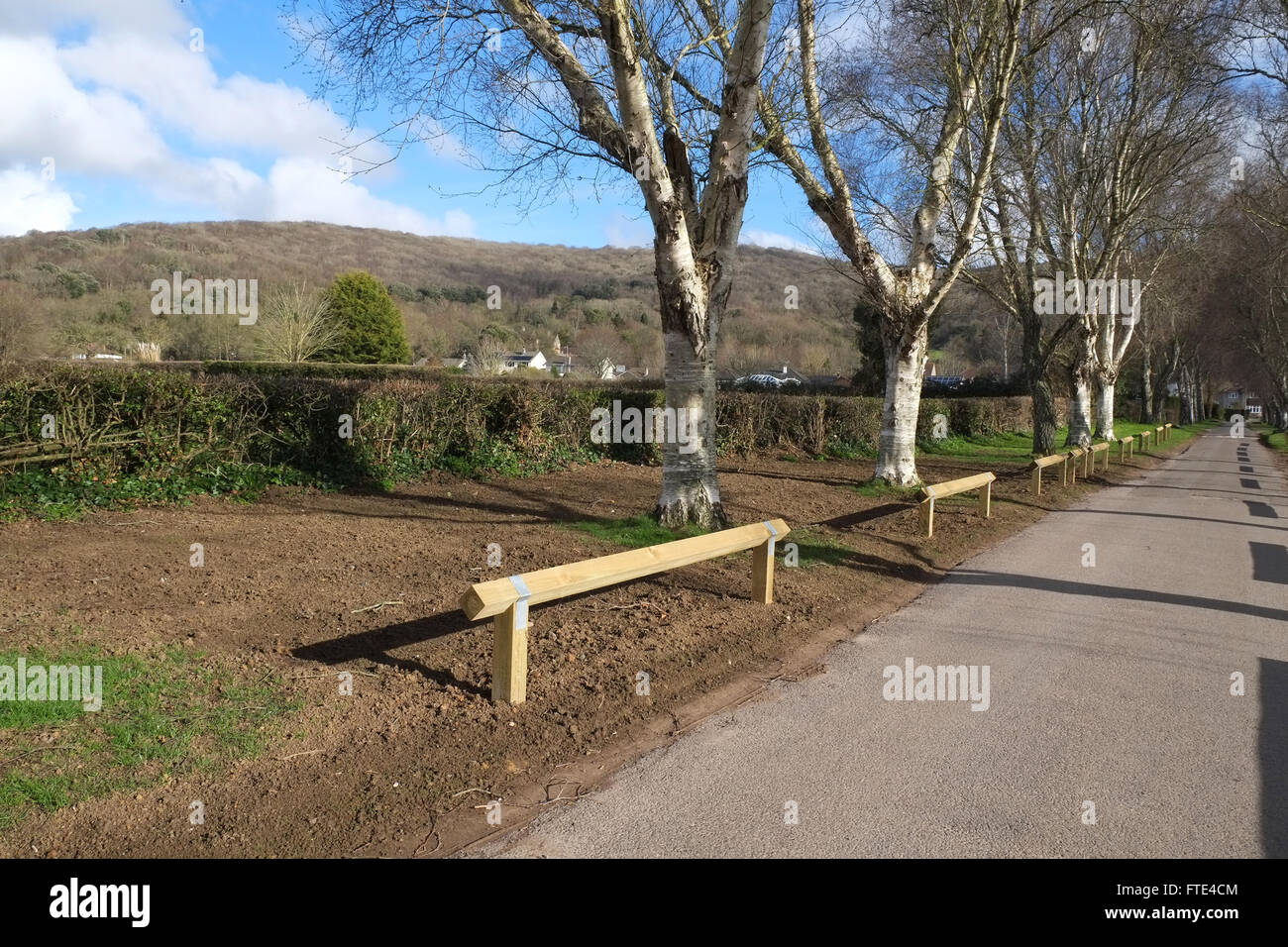 Low fence rails erected to prevent cars from parking on grass verges at ...