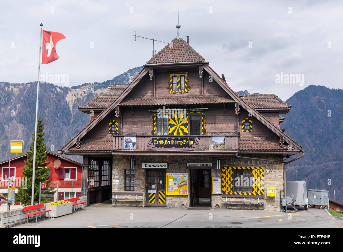 Top station building of the Treib-Seelisberg funicular, with a Swiss ...