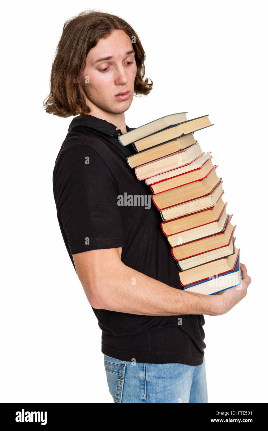 Young student with a pile of books, isolated on white background Stock ...