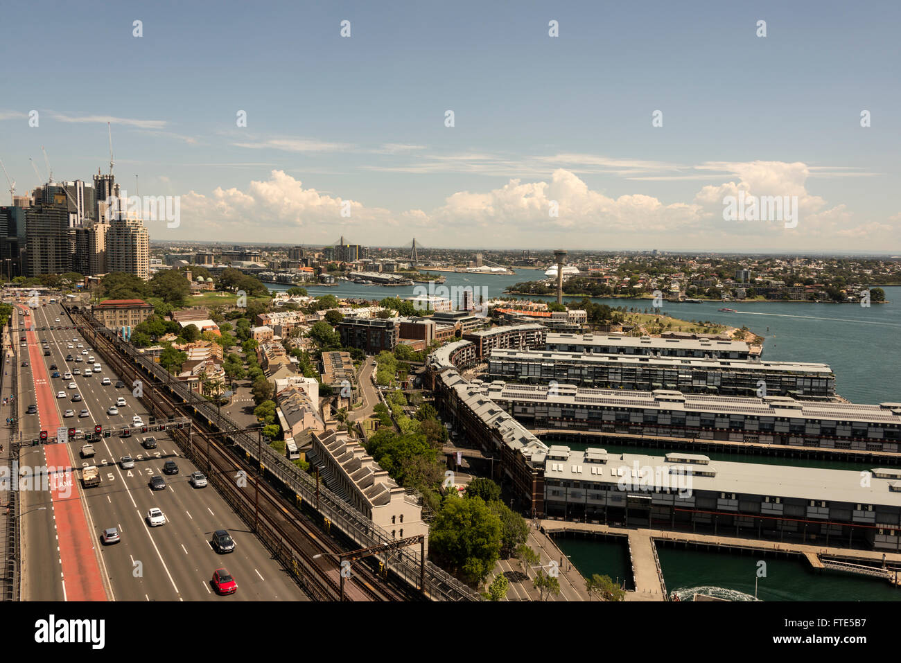 Aerial view of Bradfield Highway and Walsh Bay towards Darling Harbour ...