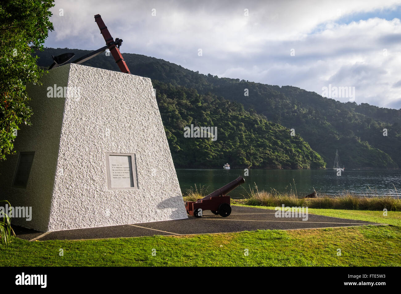 The monument of Captain Cook at Ship's Cove in the Marlborough Sounds ...