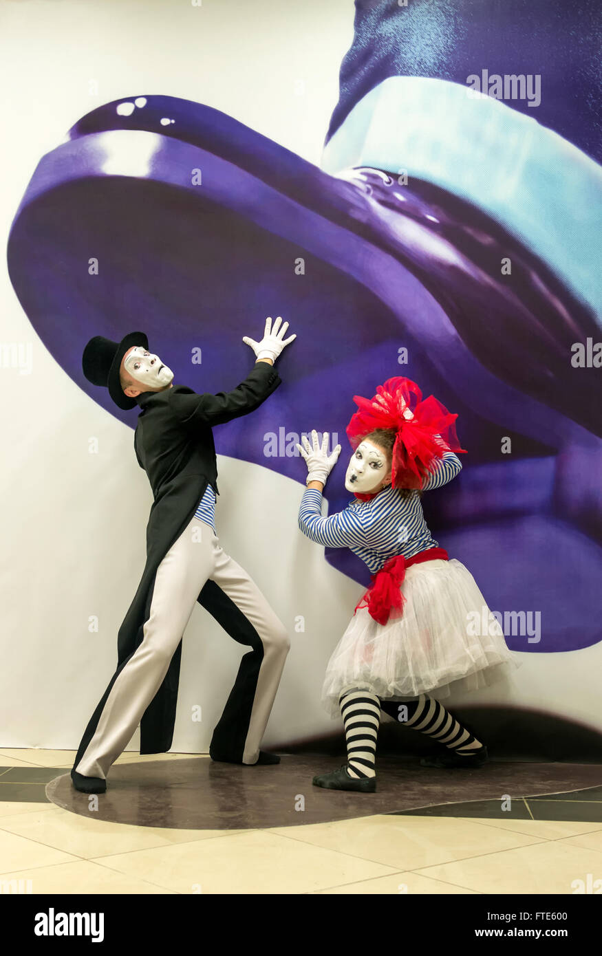 UFA - RUSSIA 21ST FEBRUARY 2016 - Male and female mime artists pose by ...