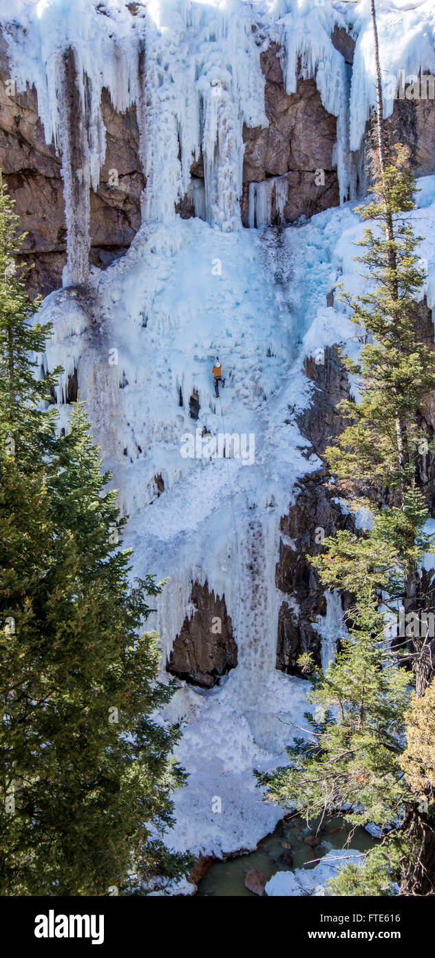 Ice climber climbs a route called In the Pink rated WI5 in Ouray ...