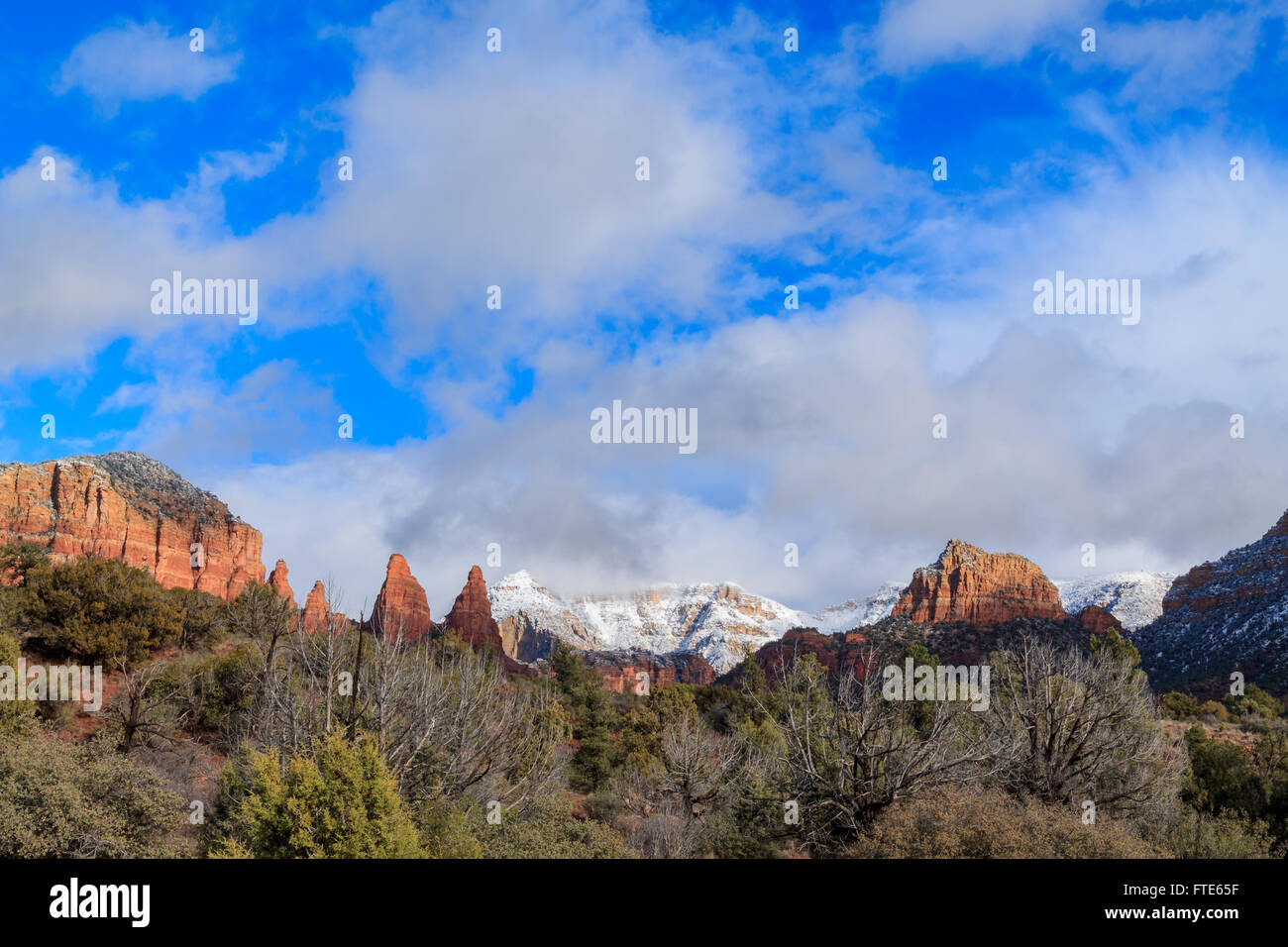 Vista of Chicken Point sandstone formation with snow capped mountains ...
