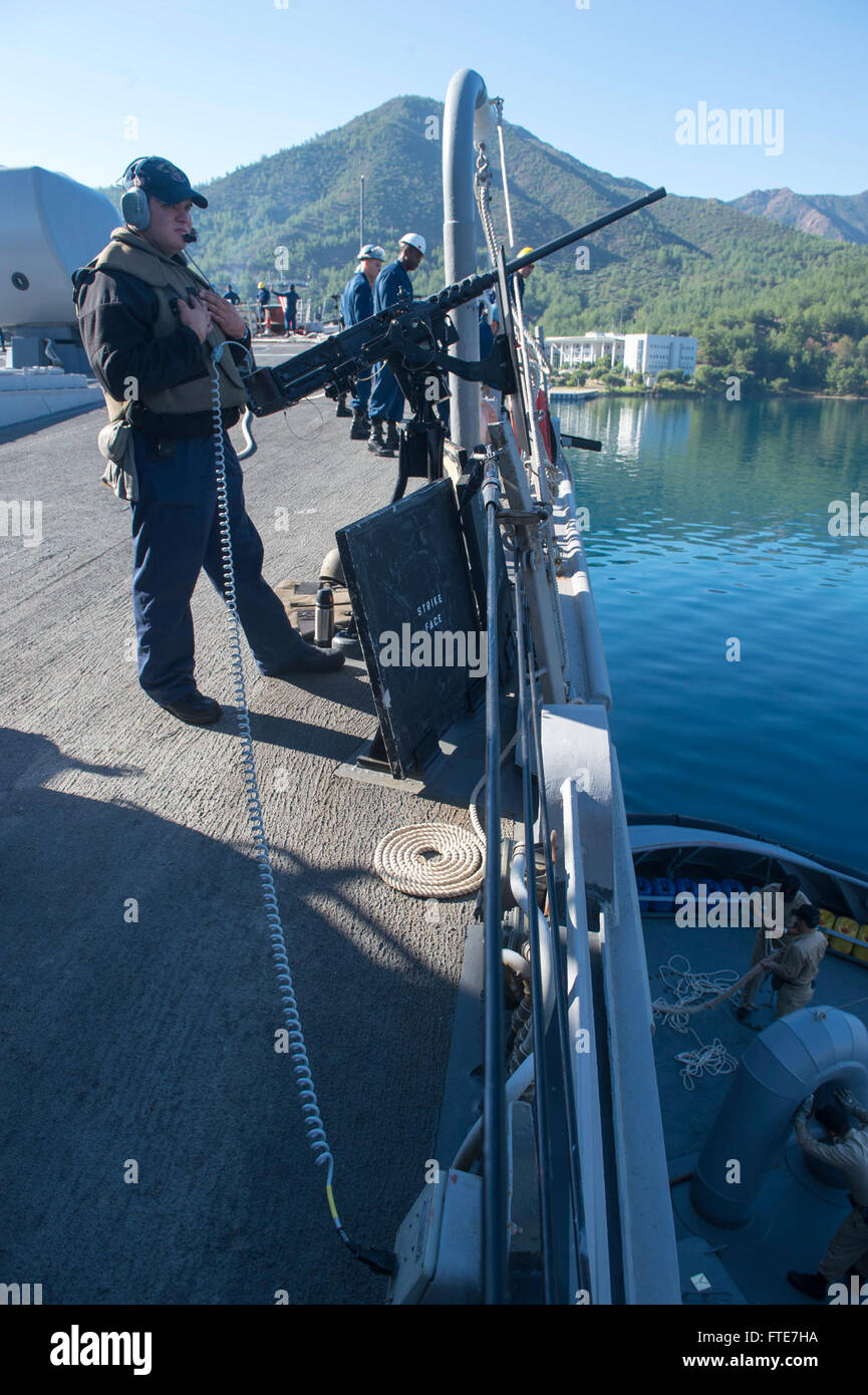 A U.S. Navy image of Fire Controlman 2nd Class Michael Dick operating a ...