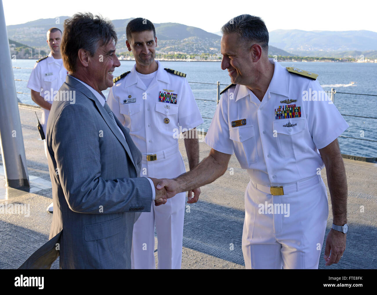 Rear Adm. Robert Burke and Capt. Mark Colombo aboard USS Mount Whitney ...