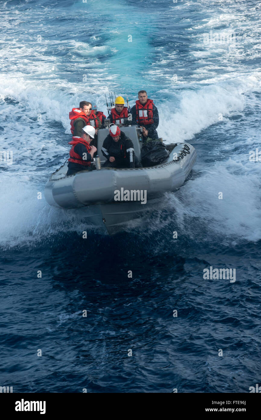 Sailors aboard the USS Stout (DDG 55) maneuver a rigid-hull inflatable ...