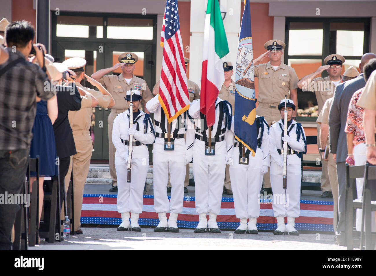 The U.S. Navy’s 6th Fleet Color Guard presents the colors at a Chief ...