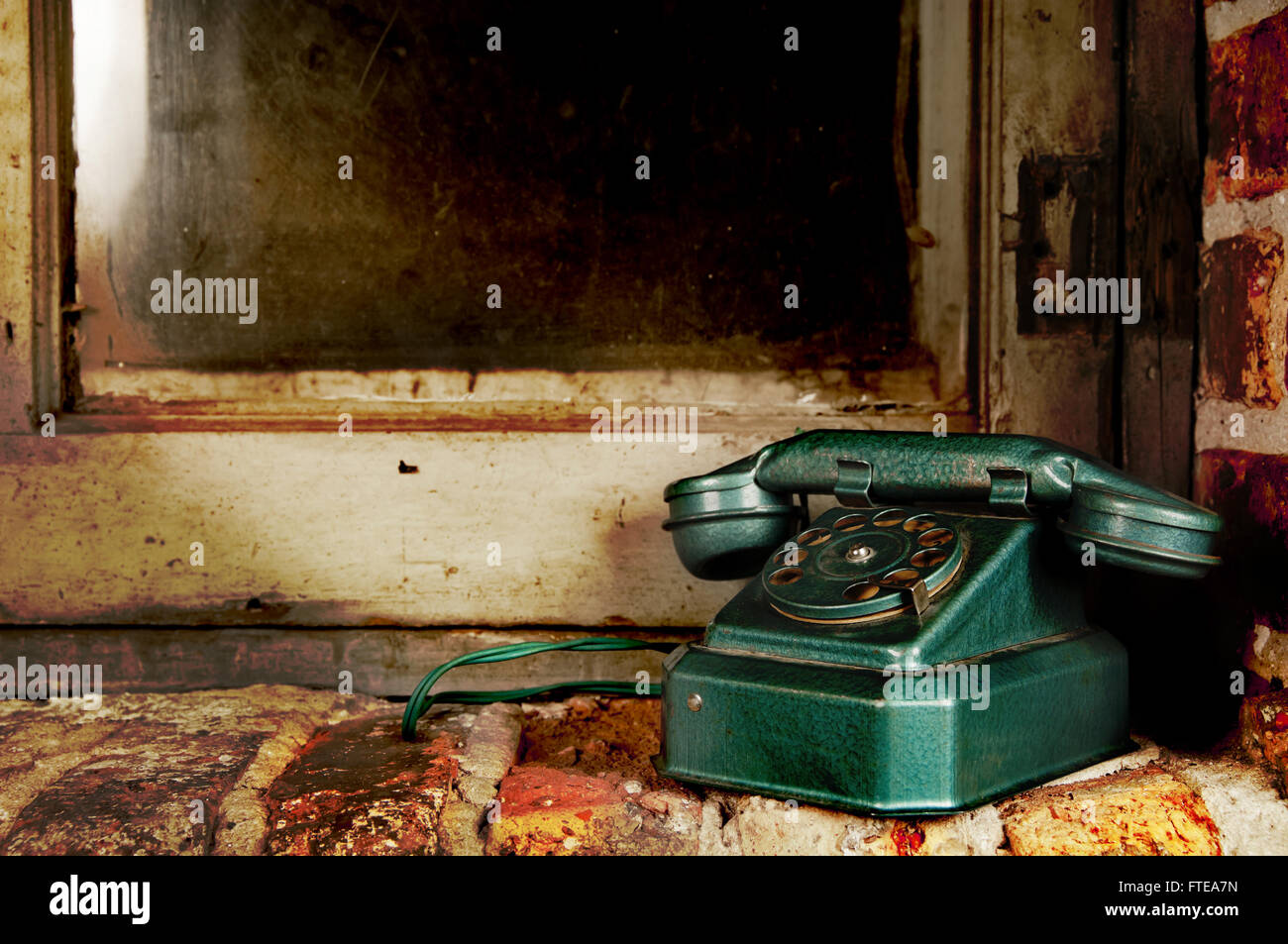 Retro Phone - Vintage Telephone by Old Grunge Window and Brick Wall ...