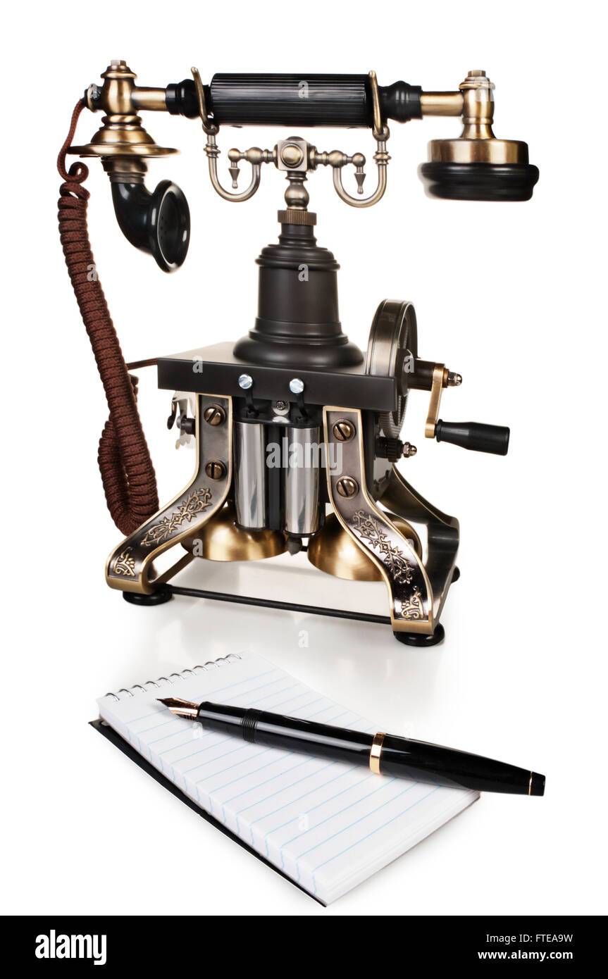 Retro Phone, Pen and Notepad - Vintage Telephone Set isolated on White ...