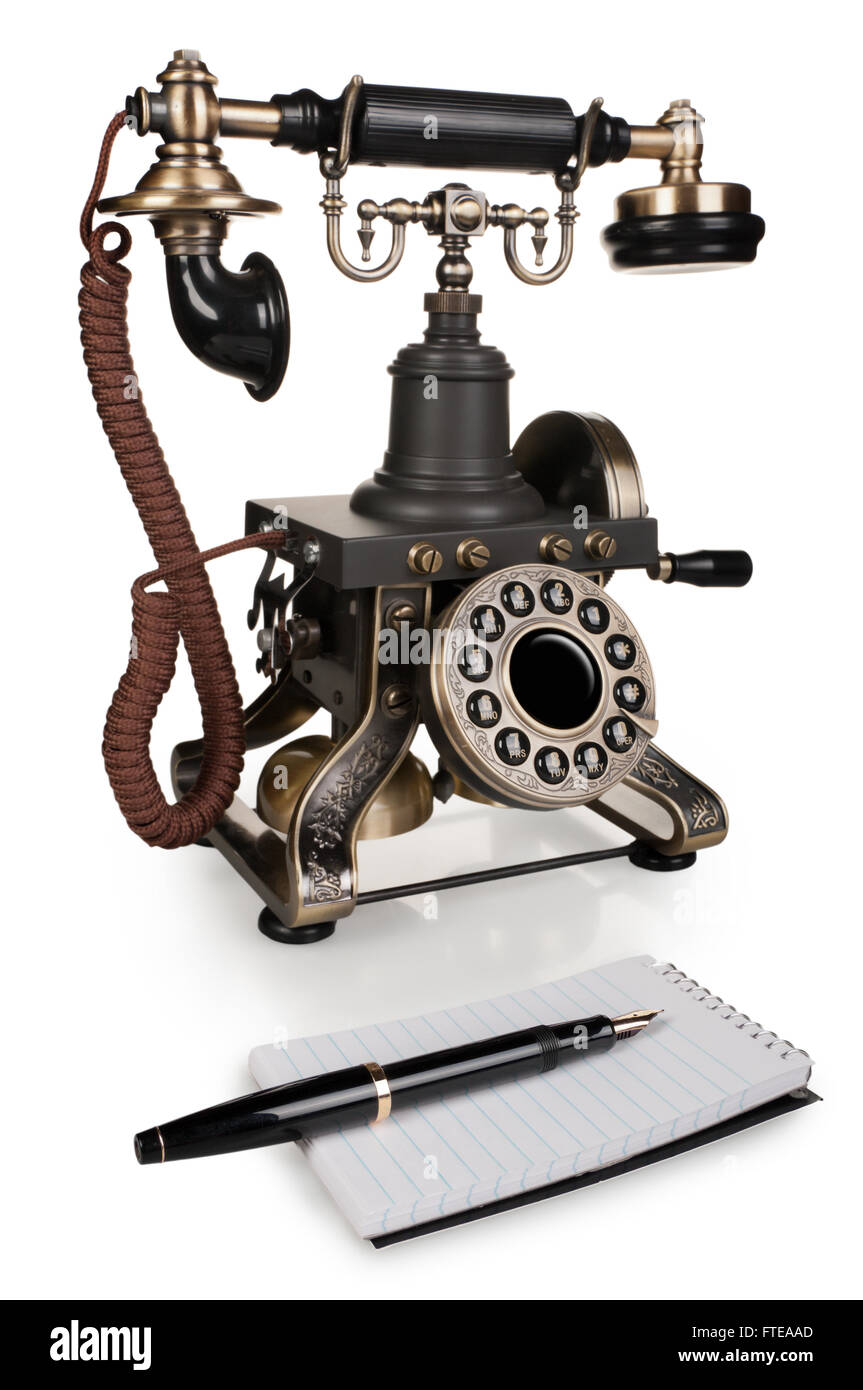 Retro Phone, Pen and Notepad - Vintage Telephone Set isolated on White ...