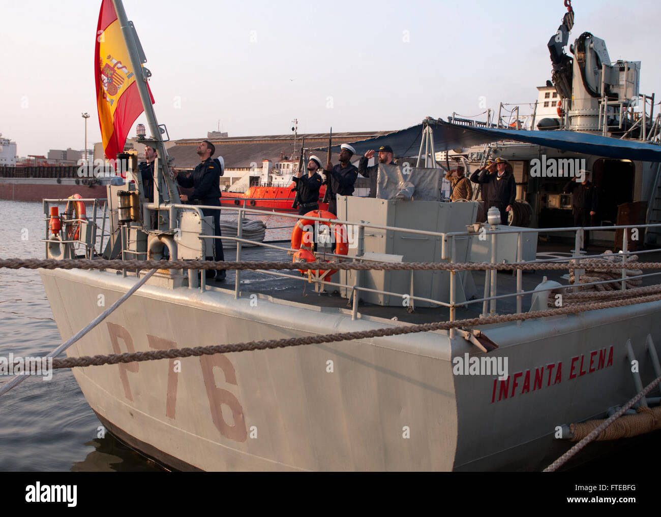 Spanish patrol ship Infanta Elena (P 76) performs morning colors in ...