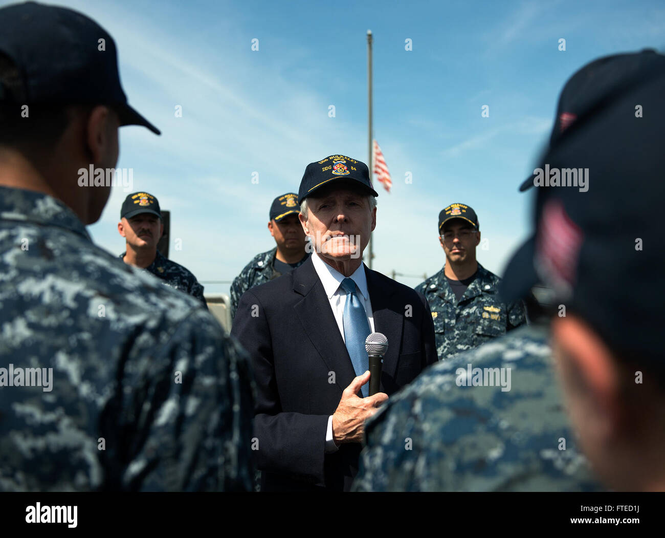 Secretary of the Navy Ray Mabus addresses sailors aboard the USS ...