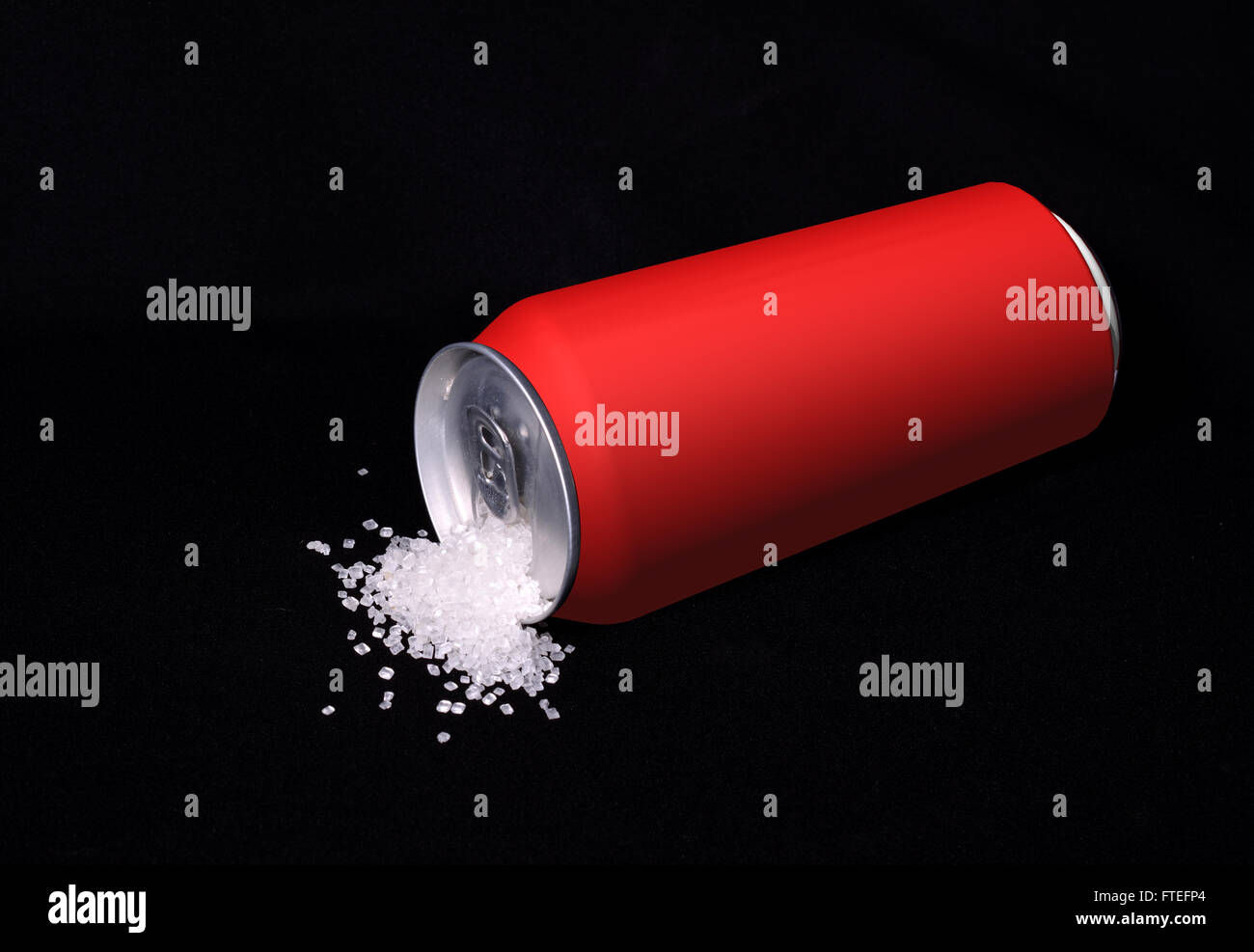 Soda can pouring a high amount of sugar Refresh drink isolated on black ...