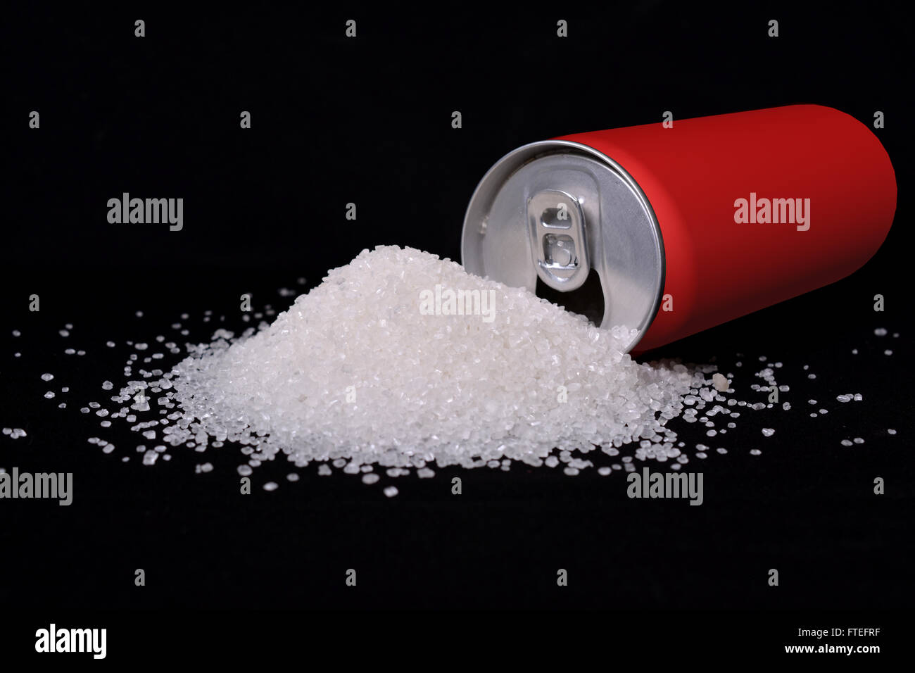 Soda can pouring a high amount of sugar Refresh drink isolated on black ...