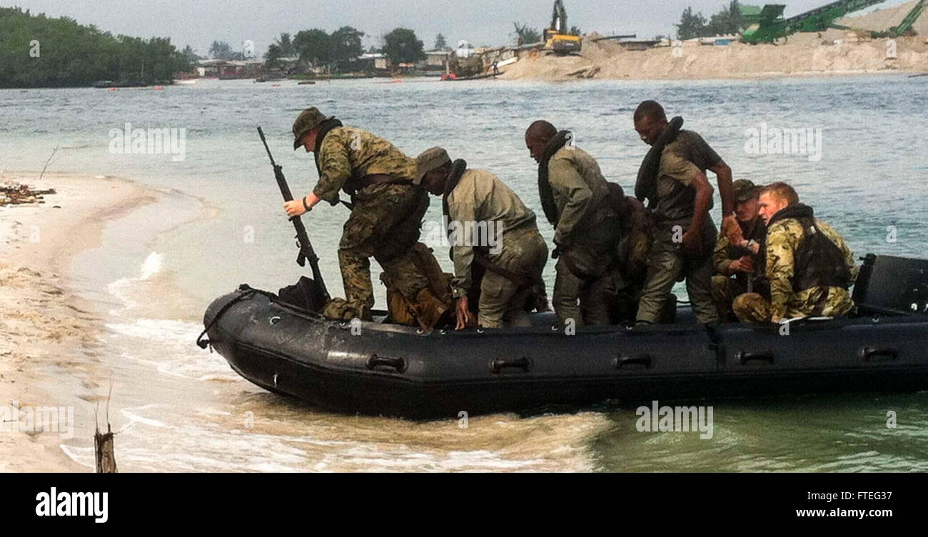This photograph shows U.S., Gabonese, and U.K. Royal Marines landing ...