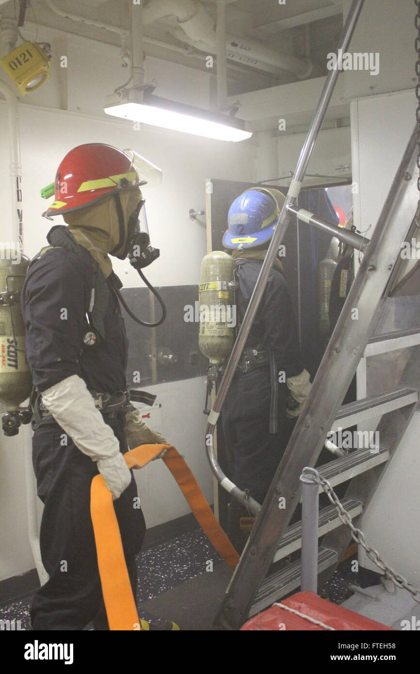 A fire damage control drill aboard the USS Samuel B. Roberts (FFG-58 ...