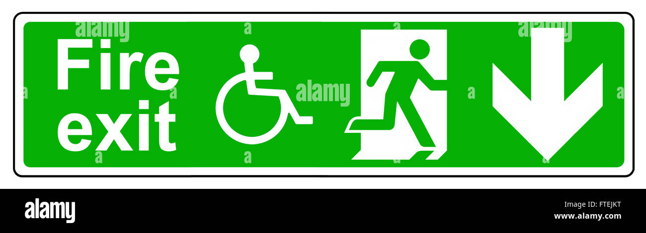 Fire exit wheelchair access down keep clear of obstructions sign Stock ...