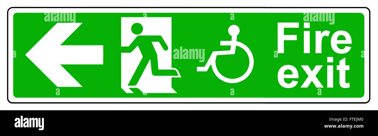 Fire exit wheelchair access left keep clear of obstructions sign Stock ...