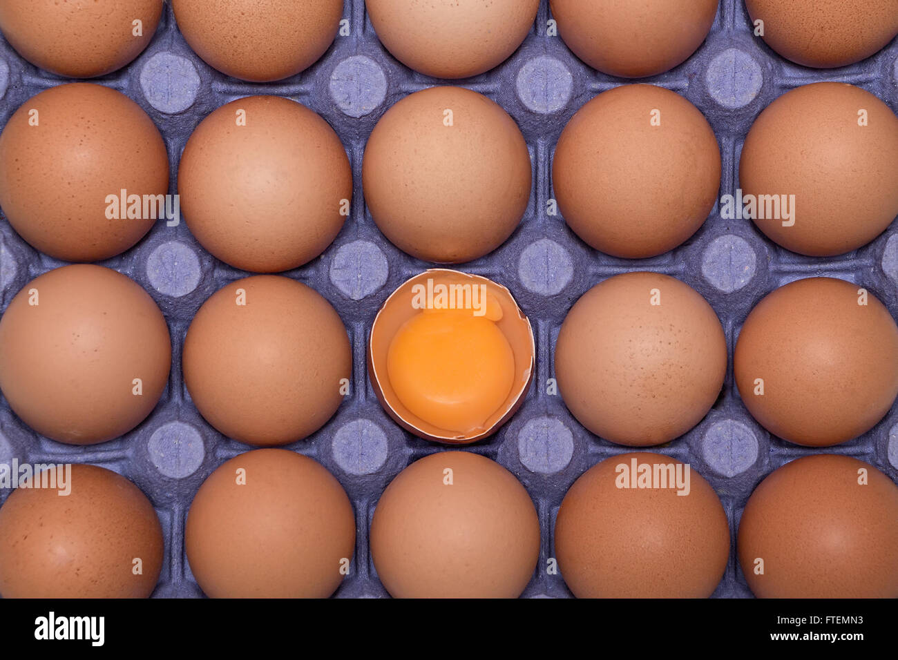 Regularly laid out eggs with broken one Stock Photo - Alamy
