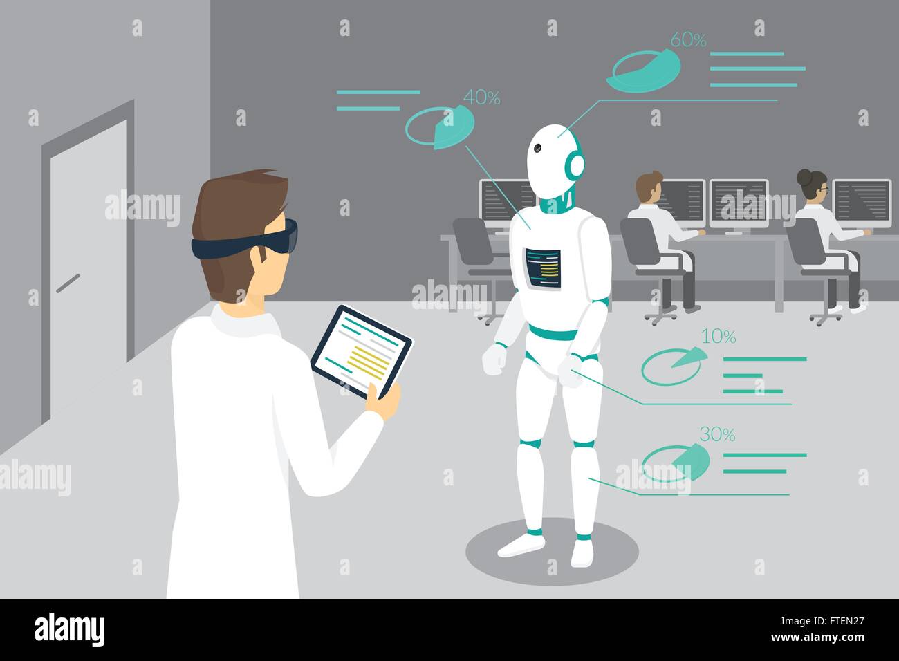 Programming engineer sets a robot using head-mounted device for ...