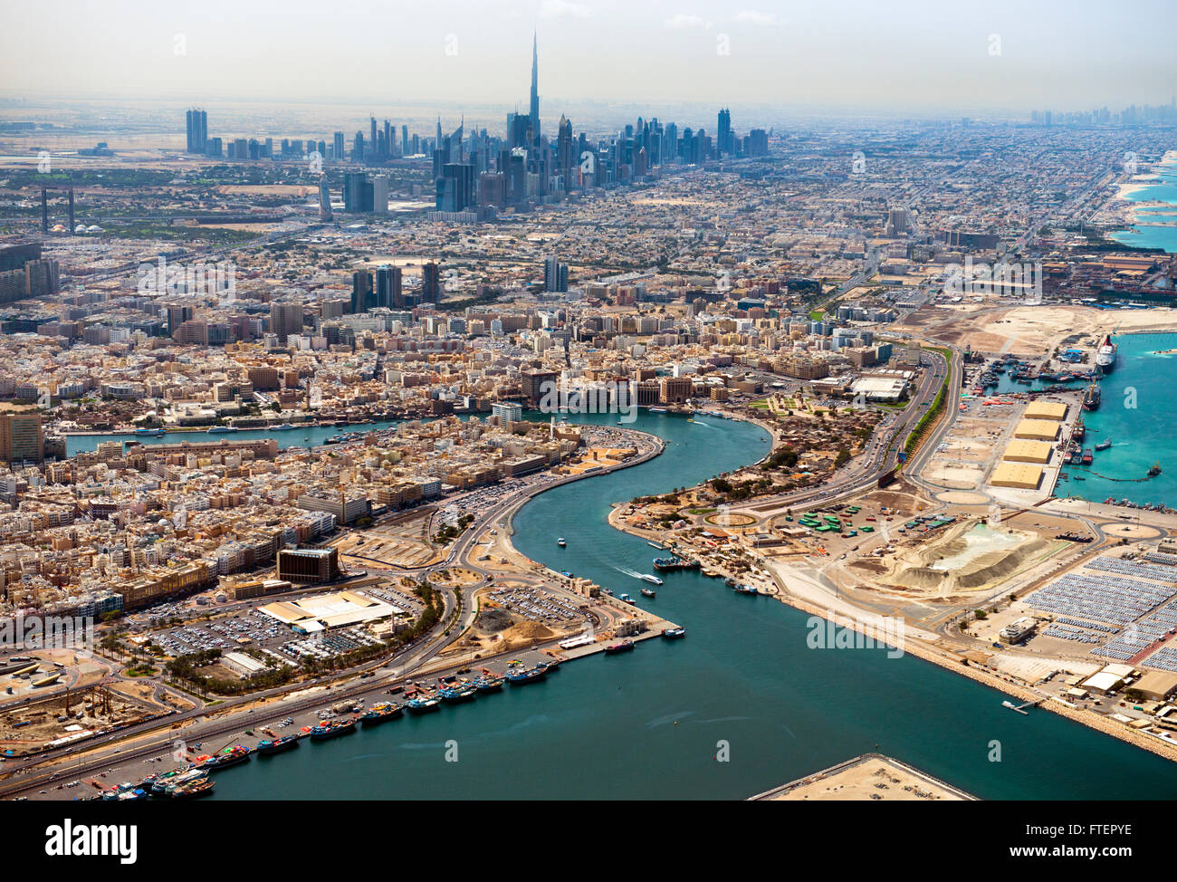 Aerial views of Dubai including the Dubai creek and port Rashid Stock ...