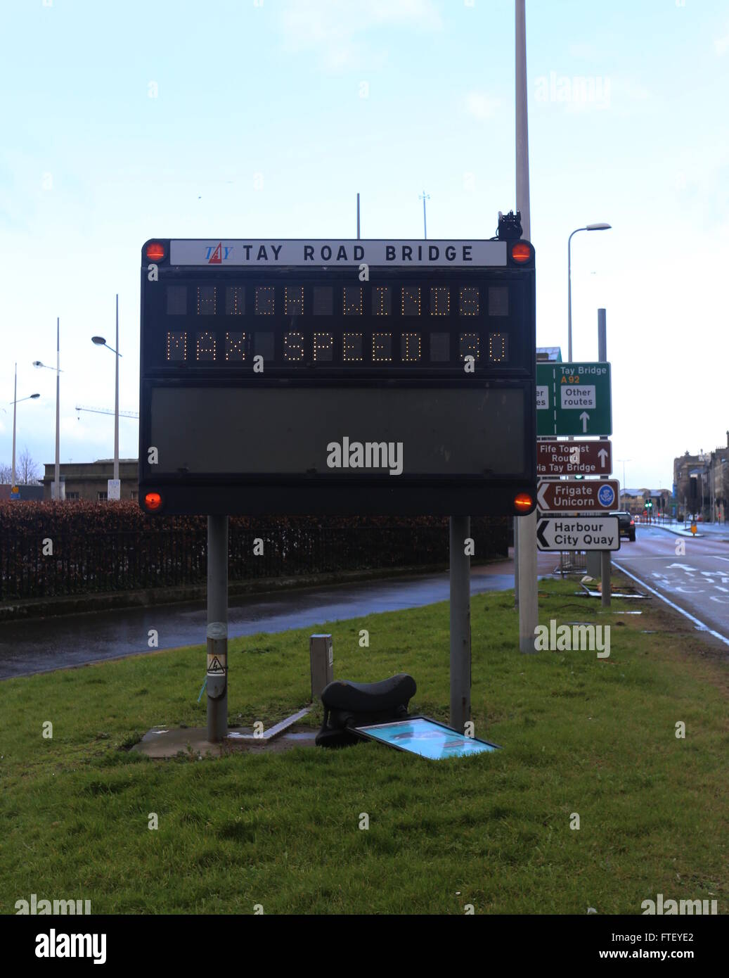 High winds speed restriction sign for Tay Road Bridge Dundee Scotland ...
