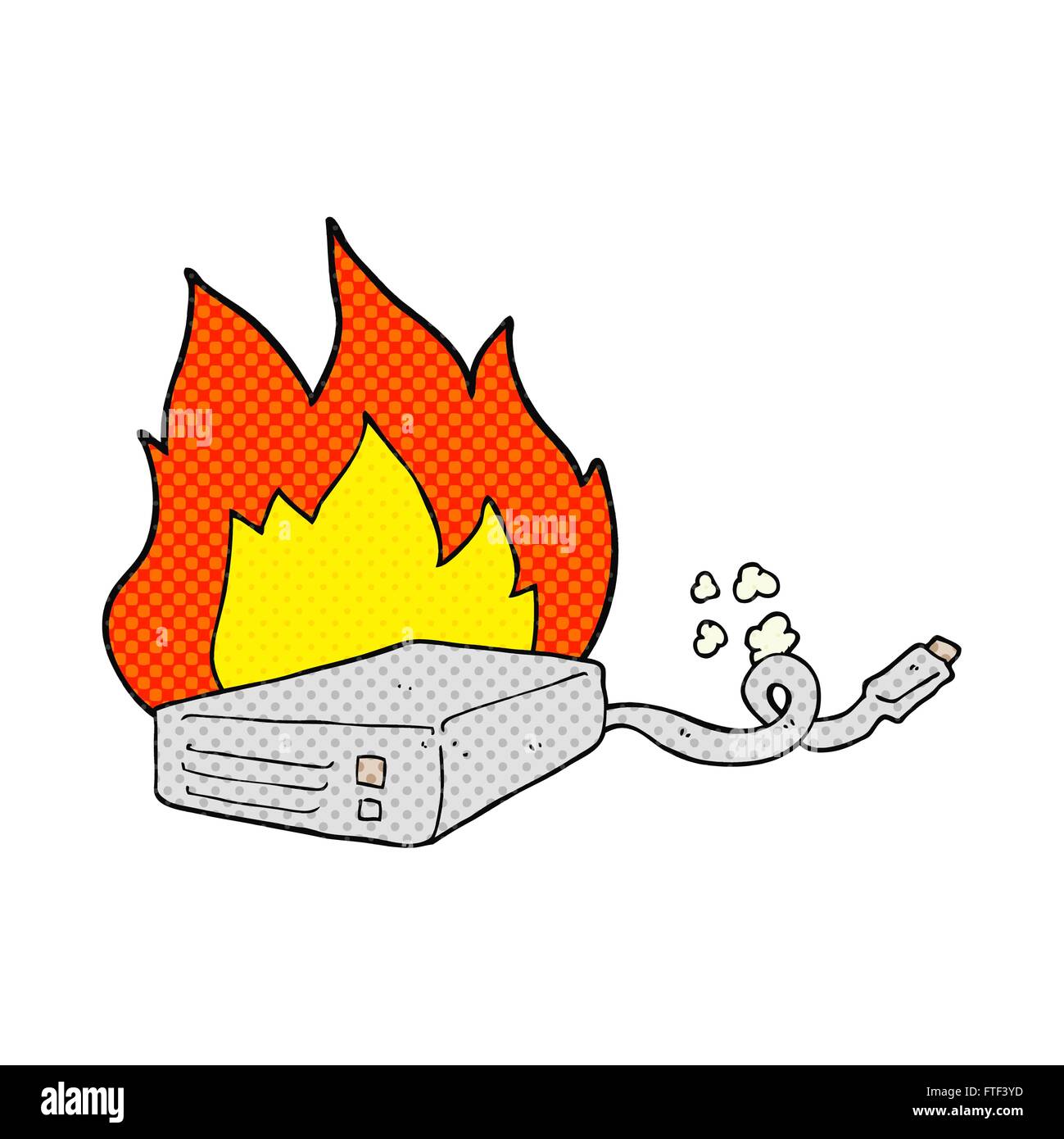 freehand drawn comic book style cartoon computer hard drive burning ...
