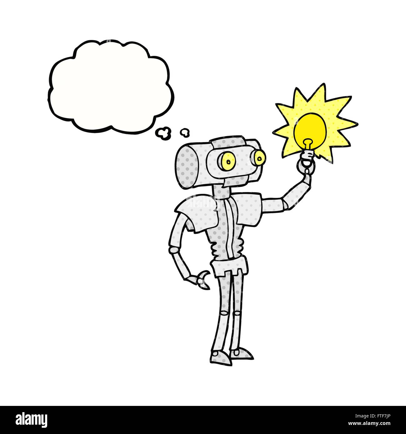 freehand drawn thought bubble cartoon robot with light bulb Stock ...