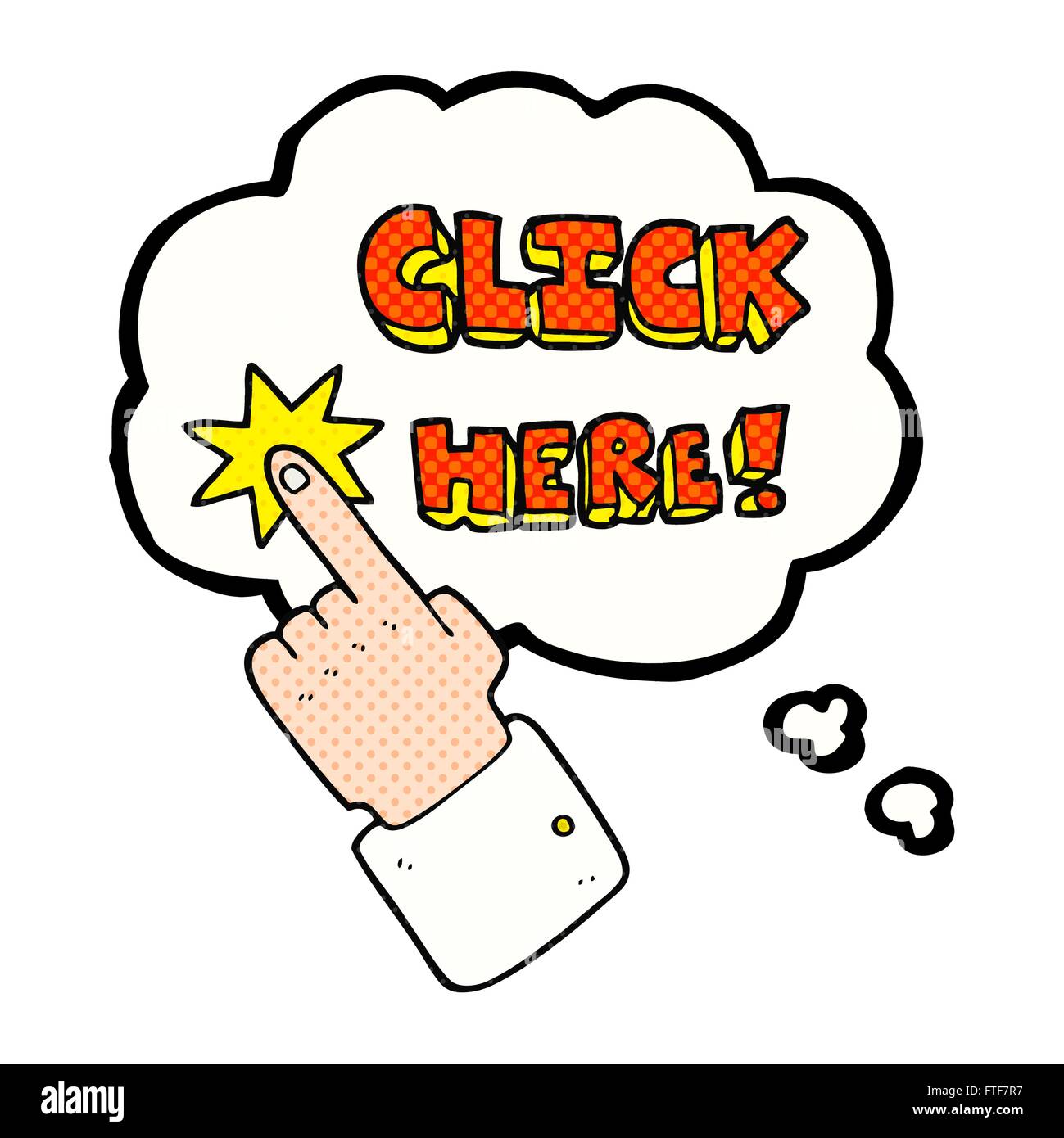 freehand drawn thought bubble cartoon click here sign with finger Stock ...