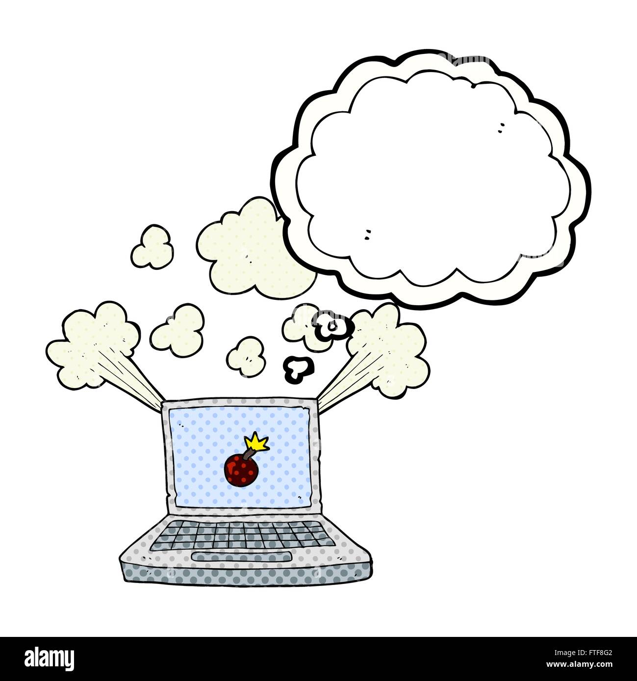 freehand drawn thought bubble cartoon laptop computer with bomb symbol ...